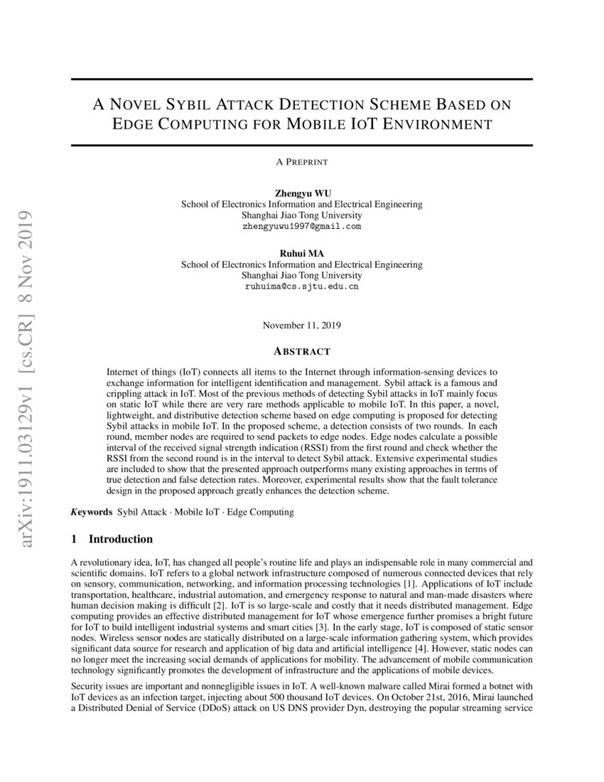 A Novel Sybil Attack Detection Scheme Based on Edge Computing for Mobile IoT Environment | DeepAI