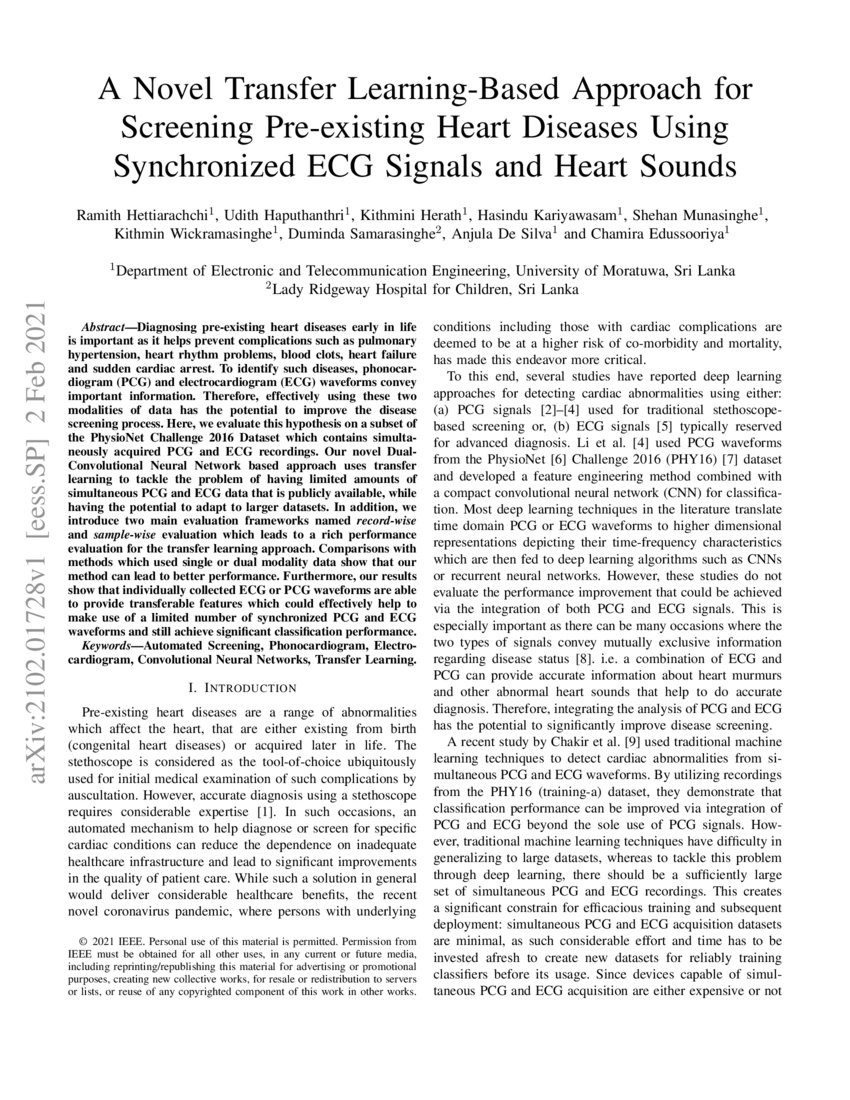 A Novel Transfer Learning-Based Approach for Screening Pre-existing Heart Diseases Using ...