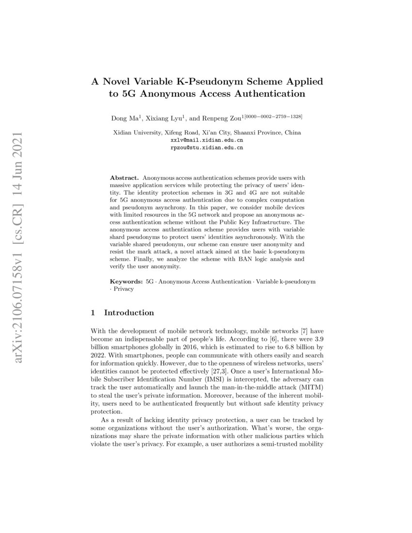 A Novel Variable K Pseudonym Scheme Applied To 5g Anonymous Access