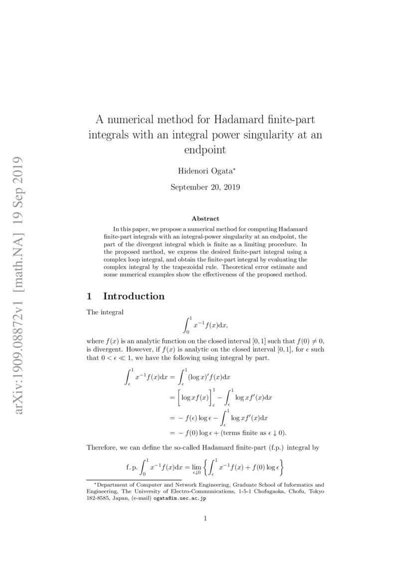 A numerical method for Hadamard finite-part integrals with an integral power singularity at an ...