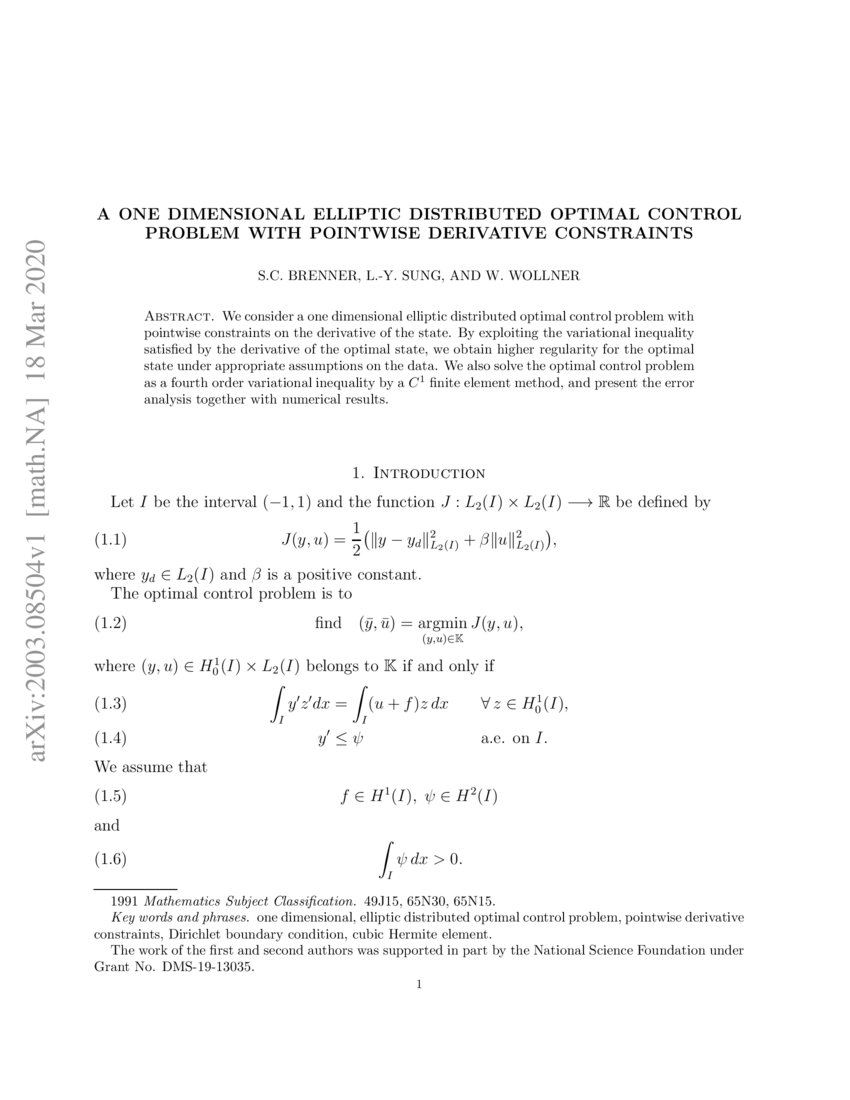 A One Dimensional Elliptic Distributed Optimal Control Problem With Pointwise Derivative
