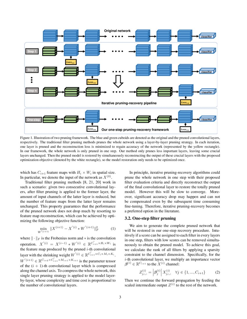 A One Step Pruning Recovery Framework For Acceleration Of Convolutional Neural Networks Deepai