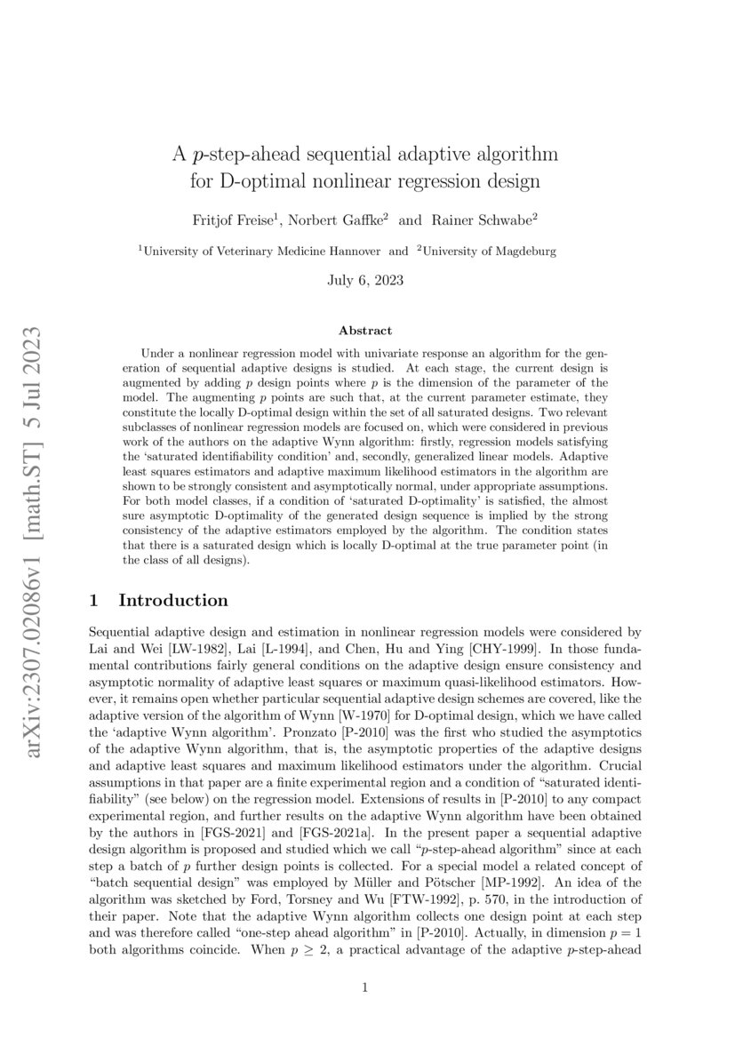 A P Step Ahead Sequential Adaptive Algorithm For D Optimal Nonlinear Regression Design Deepai