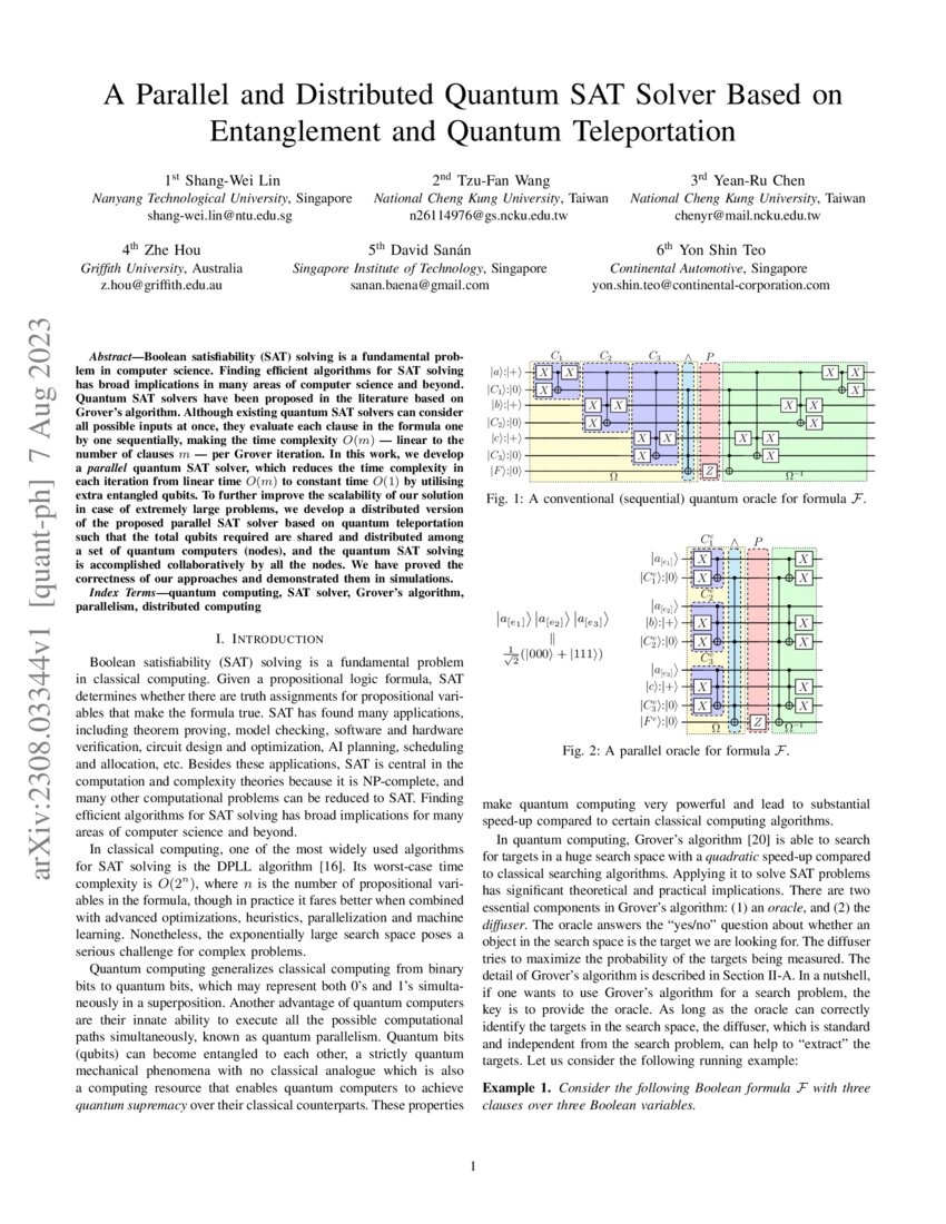 A Parallel and Distributed Quantum SAT Solver Based on Entanglement and Quantum Teleportation ...