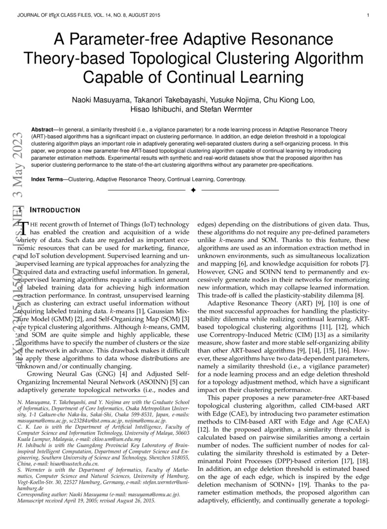 A Parameter Free Adaptive Resonance Theory Based Topological Clustering Algorithm Capable Of 