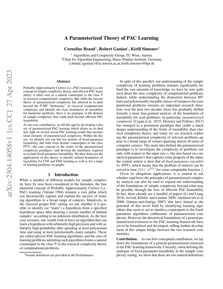 A Parameterized Theory of PAC Learning | DeepAI A Parameterized Theory of PAC Learning | DeepAI