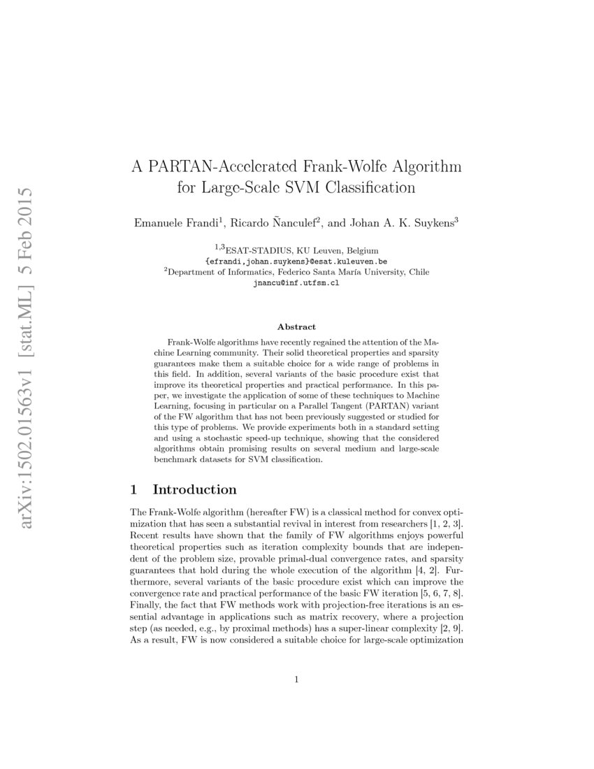 A Partan Accelerated Frank Wolfe Algorithm For Large Scale Svm Classification Deepai 