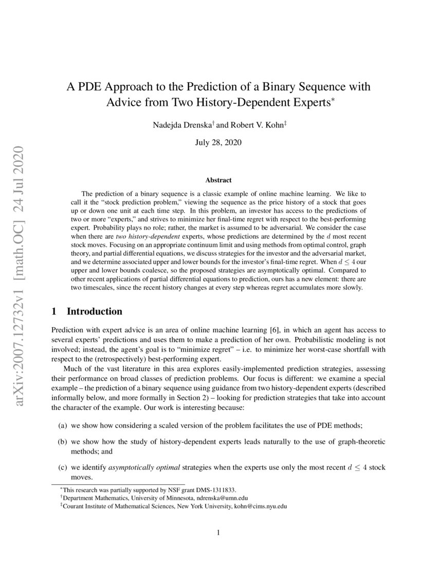 A PDE Approach to the Prediction of a Binary Sequence with Advice from Two History-Dependent ...