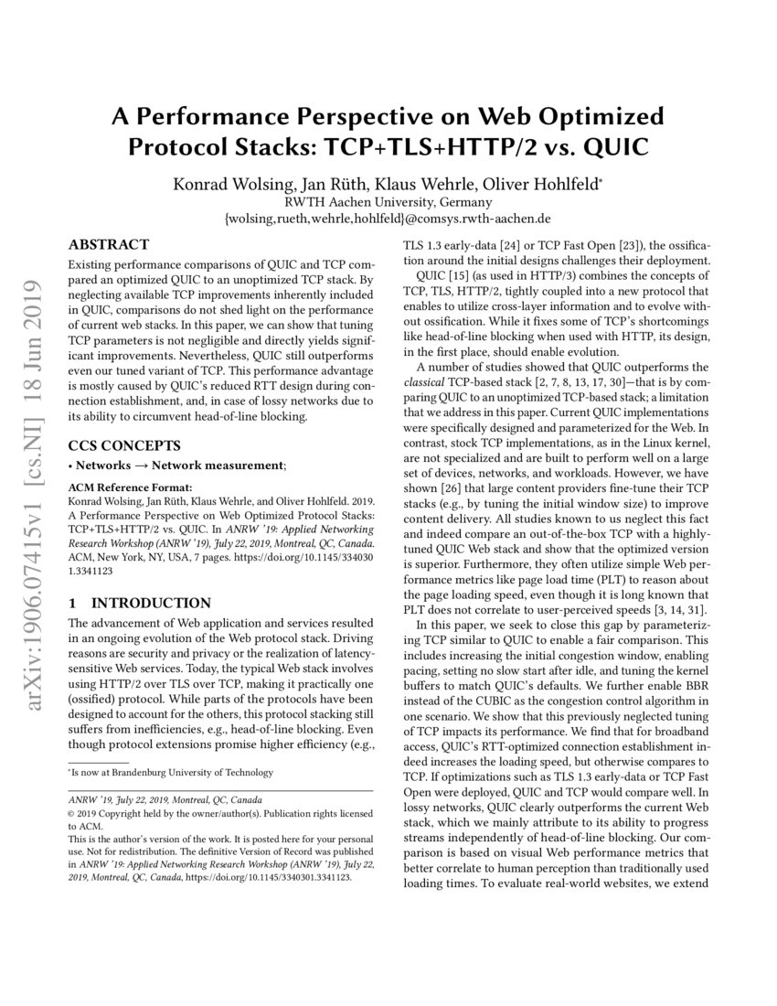 A Performance Perspective on Web Optimized Protocol Stacks: TCP+TLS ...