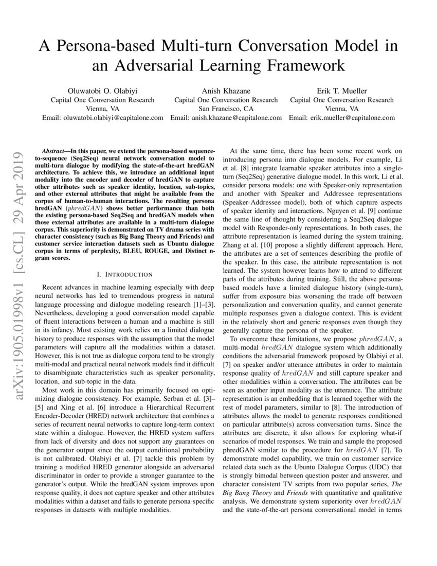 A Persona-based Multi-turn Conversation Model in an Adversarial Learning Framework | DeepAI
