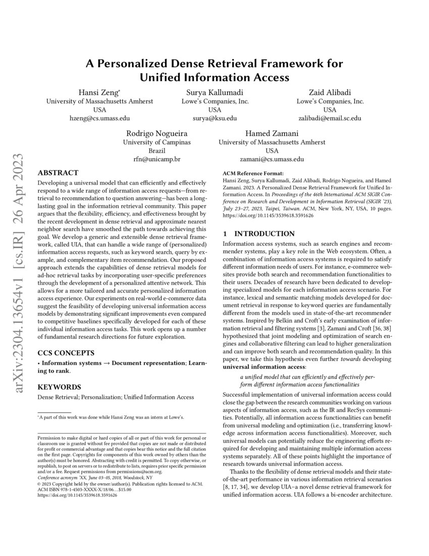 A Personalized Dense Retrieval Framework For Unified Information Access