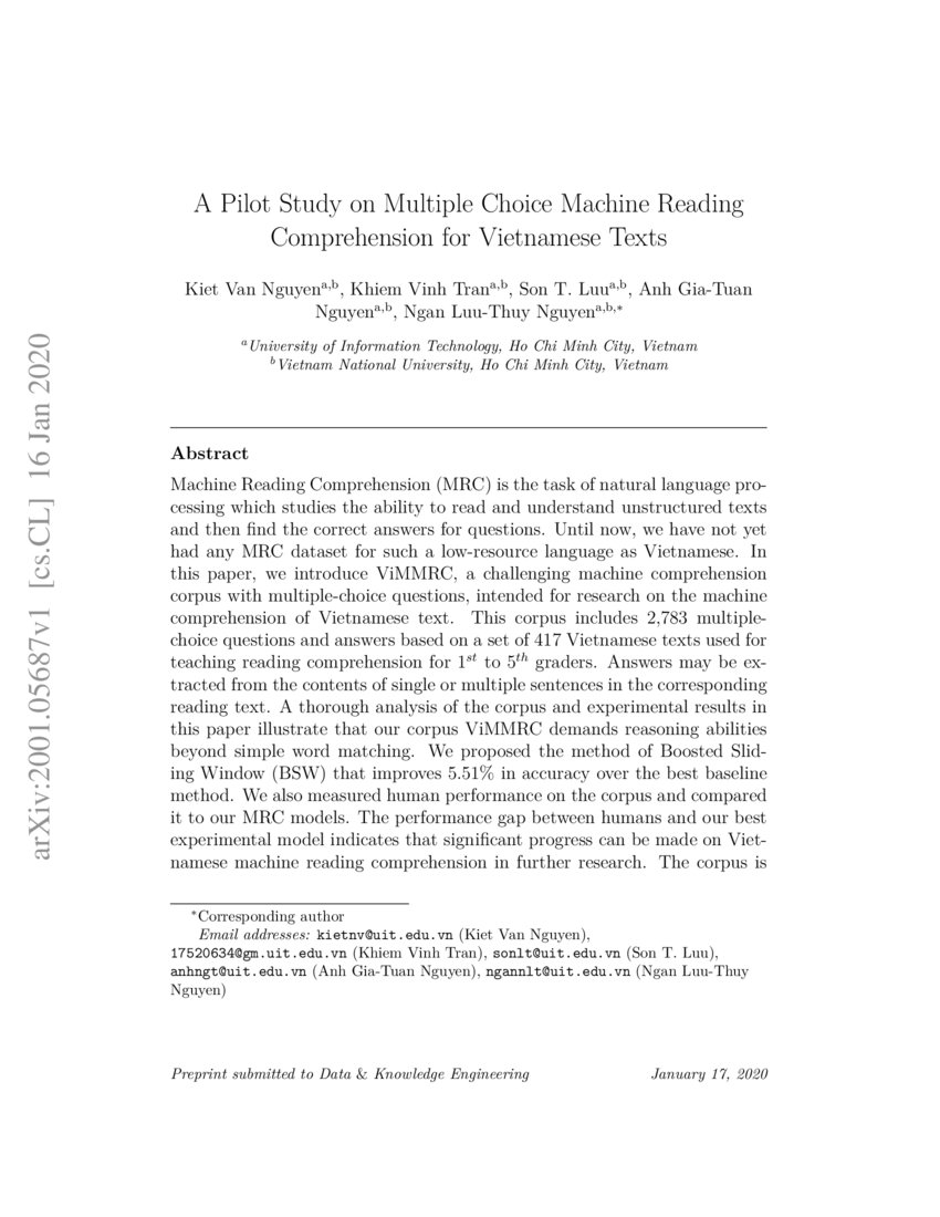 A Pilot Study on Multiple Choice Machine Reading Comprehension for Vietnamese Texts | DeepAI