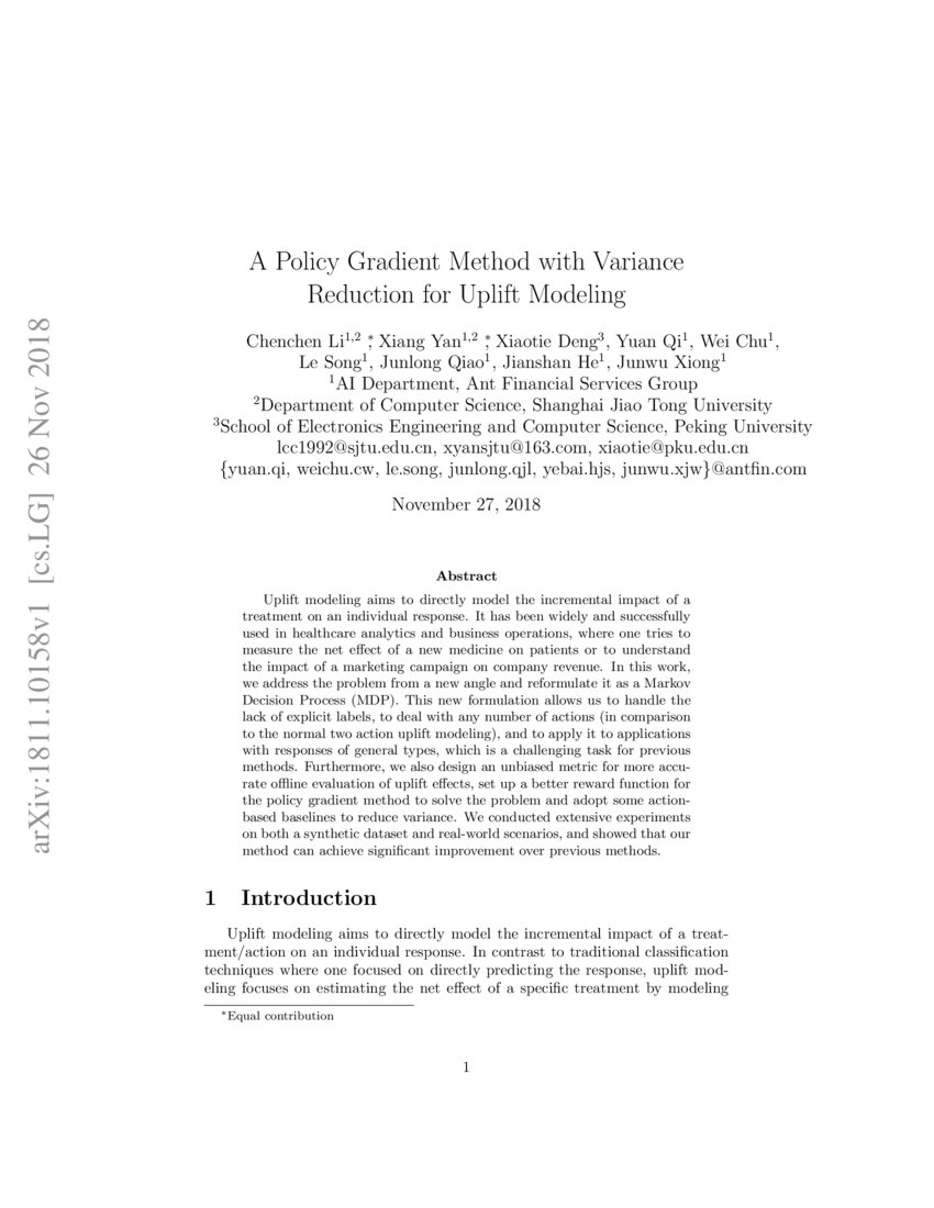 A Policy Gradient Method With Variance Reduction For Uplift Modeling