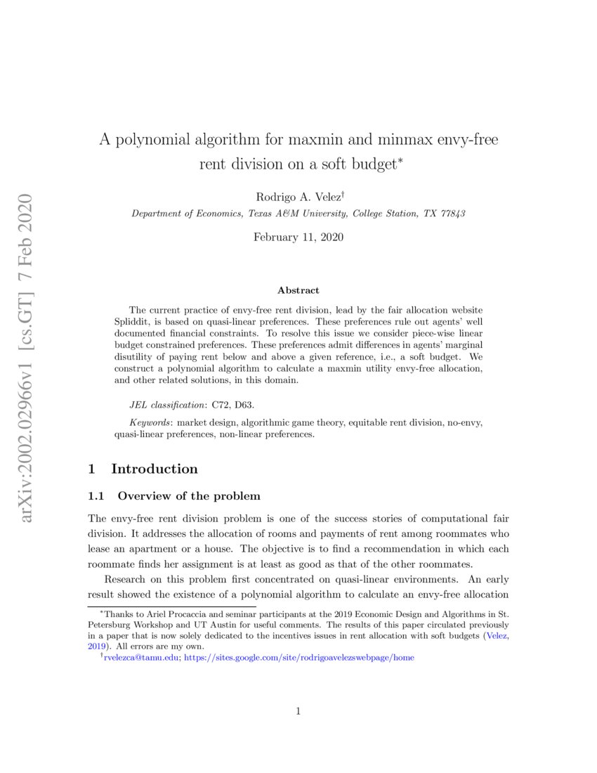 A polynomial algorithm for maxmin and minmax envy-free rent division on a soft budget | DeepAI