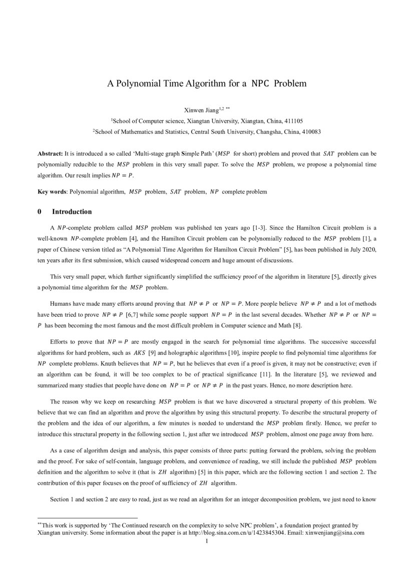 A Polynomial Time Algorithm For A Npc Problem Deepai