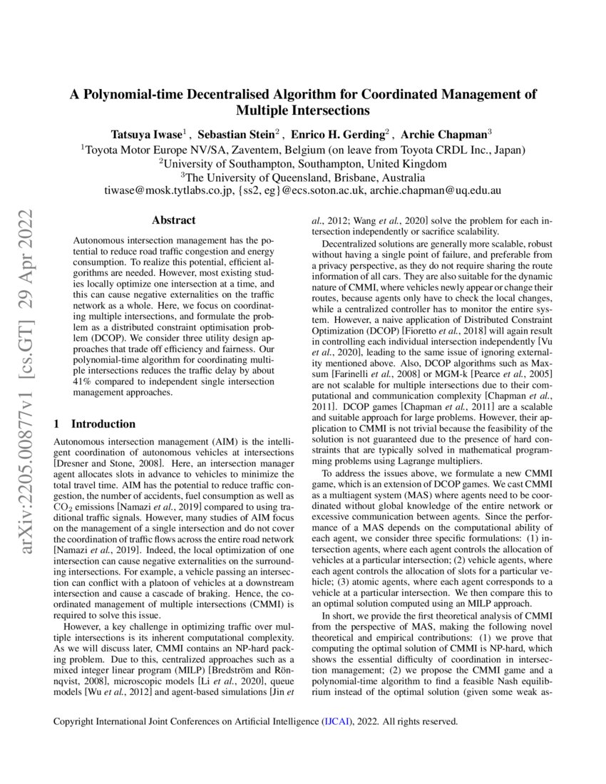 A Polynomial Time Decentralised Algorithm For Coordinated Management Of Multiple Intersections