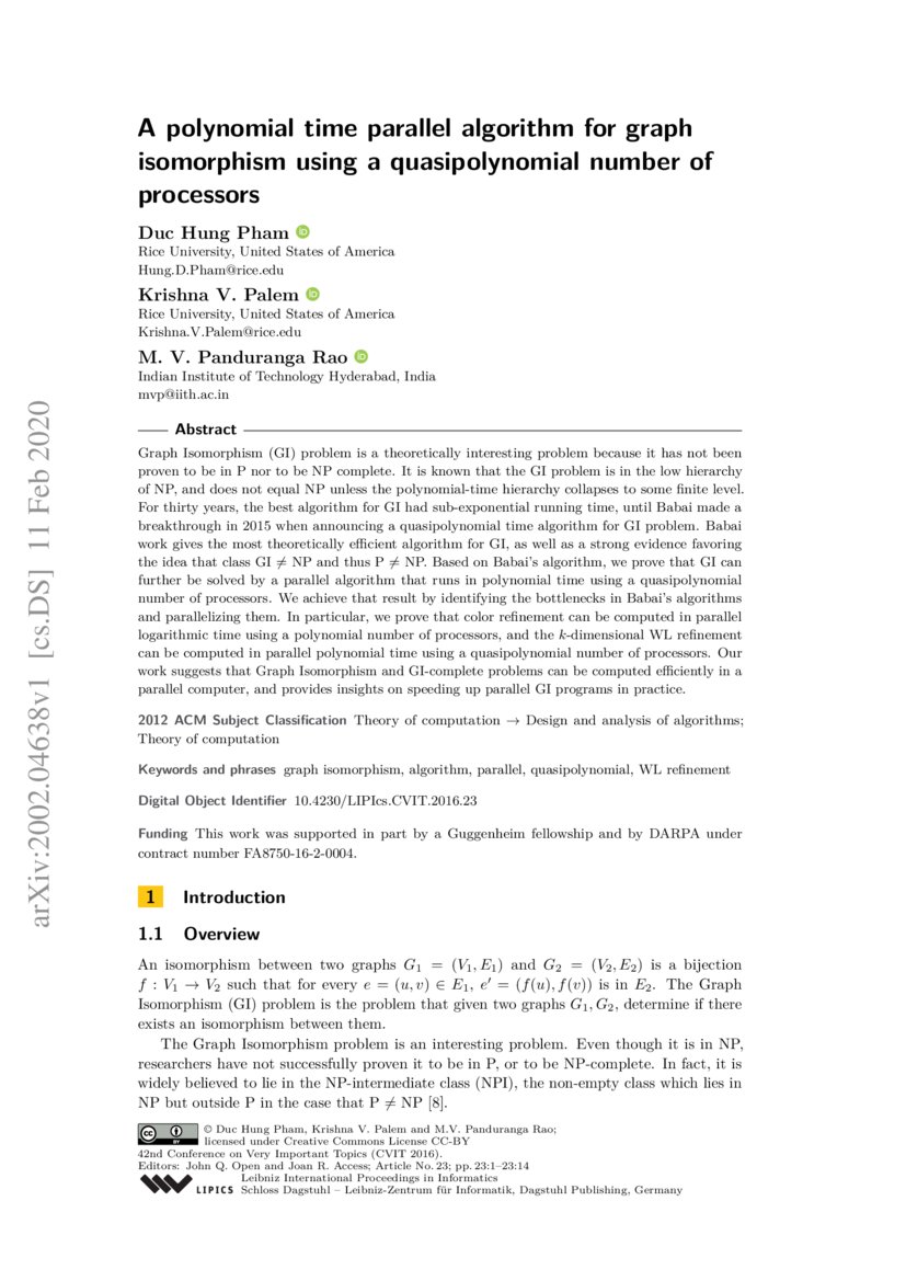 A Polynomial Time Parallel Algorithm For Graph Isomorphism Using A Quasipolynomial Number Of 7802