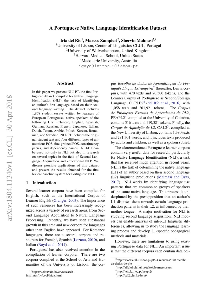 A Portuguese Native Language Identification Dataset | DeepAI