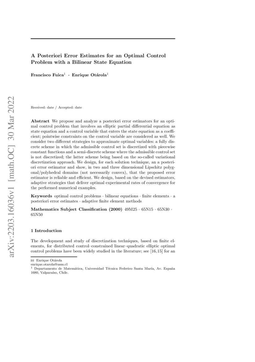 A Posteriori Error Estimates For An Optimal Control Problem With A