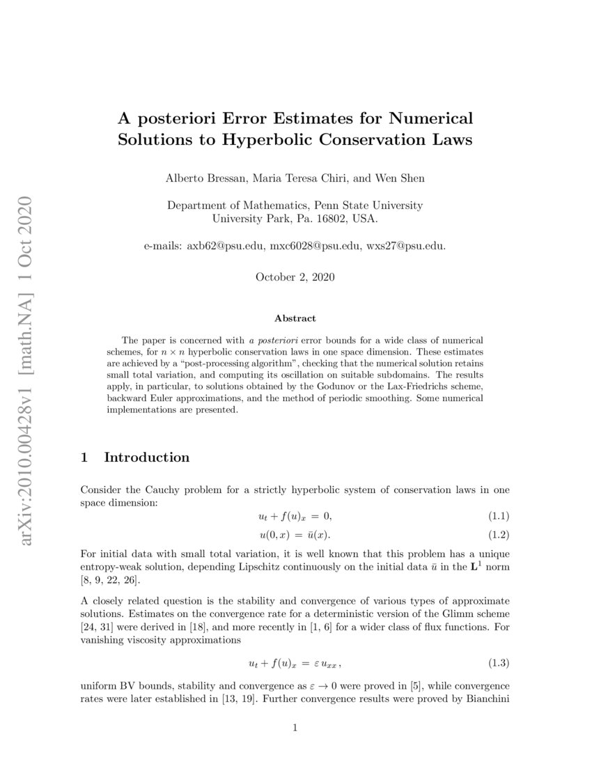 A Posteriori Error Estimates For Numerical Solutions To Hyperbolic