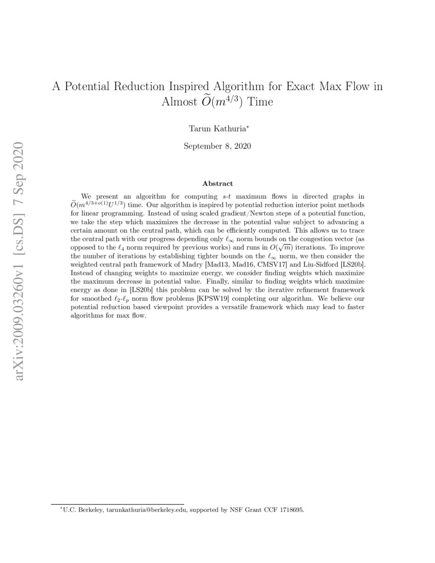 A Potential Reduction Inspired Algorithm For Exact Max Flow In Almost Om43 Time Deepai