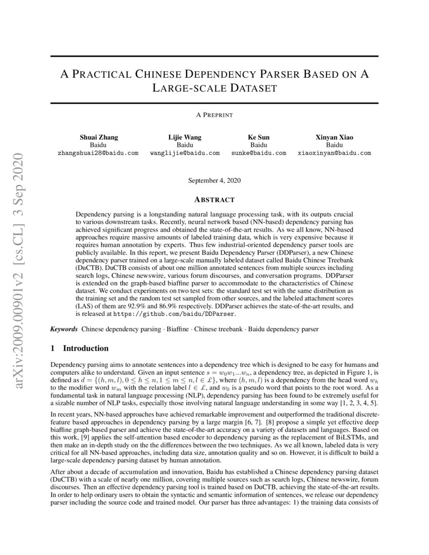 A Practical Chinese Dependency Parser Based On A Large Scale Dataset Deepai