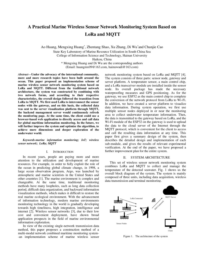 A Practical Marine Wireless Sensor Network Monitoring System Based on LoRa and MQTT | DeepAI