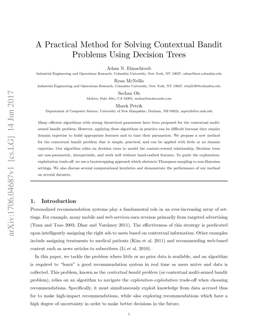A Practical Method For Solving Contextual Bandit Problems Using Decision Trees Deepai 