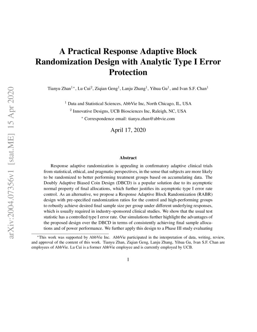 A Practical Response Adaptive Block Randomization Design with Analytic Type I Error Protection ...