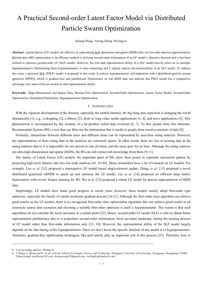 A Practical Second Order Latent Factor Model Via Distributed Particle Swarm Optimization Deepai