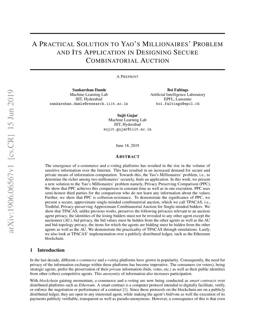 A Practical Solution To Yaos Millionaires Problem And Its Application In Designing Secure