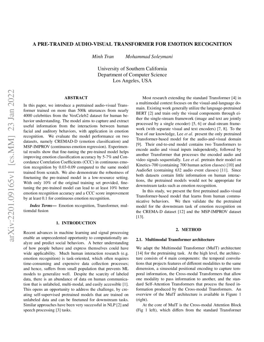 A Pre Trained Audio Visual Transformer For Emotion Recognition Deepai