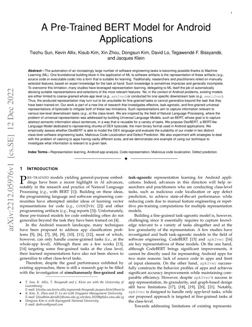 A Pre-Trained BERT Model for Android Applications | DeepAI