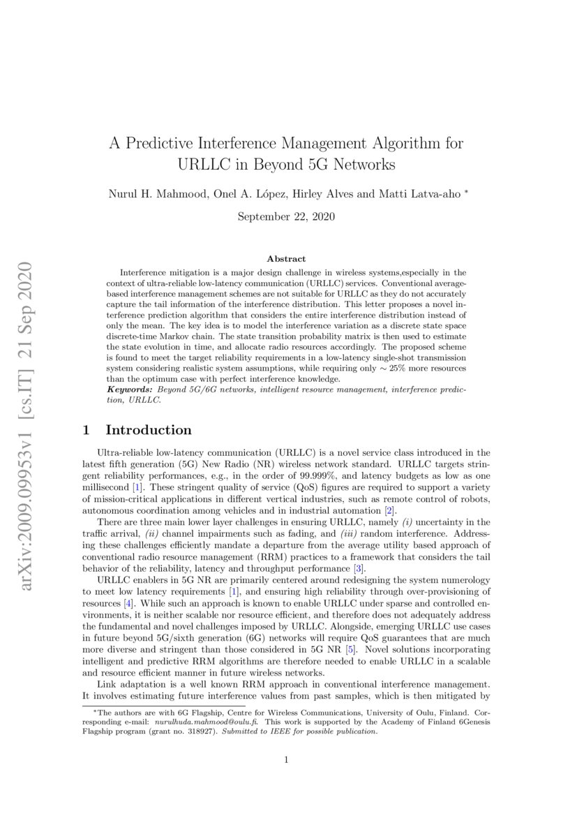 A Predictive Interference Management Algorithm For Urllc In Beyond 5g Networks Deepai