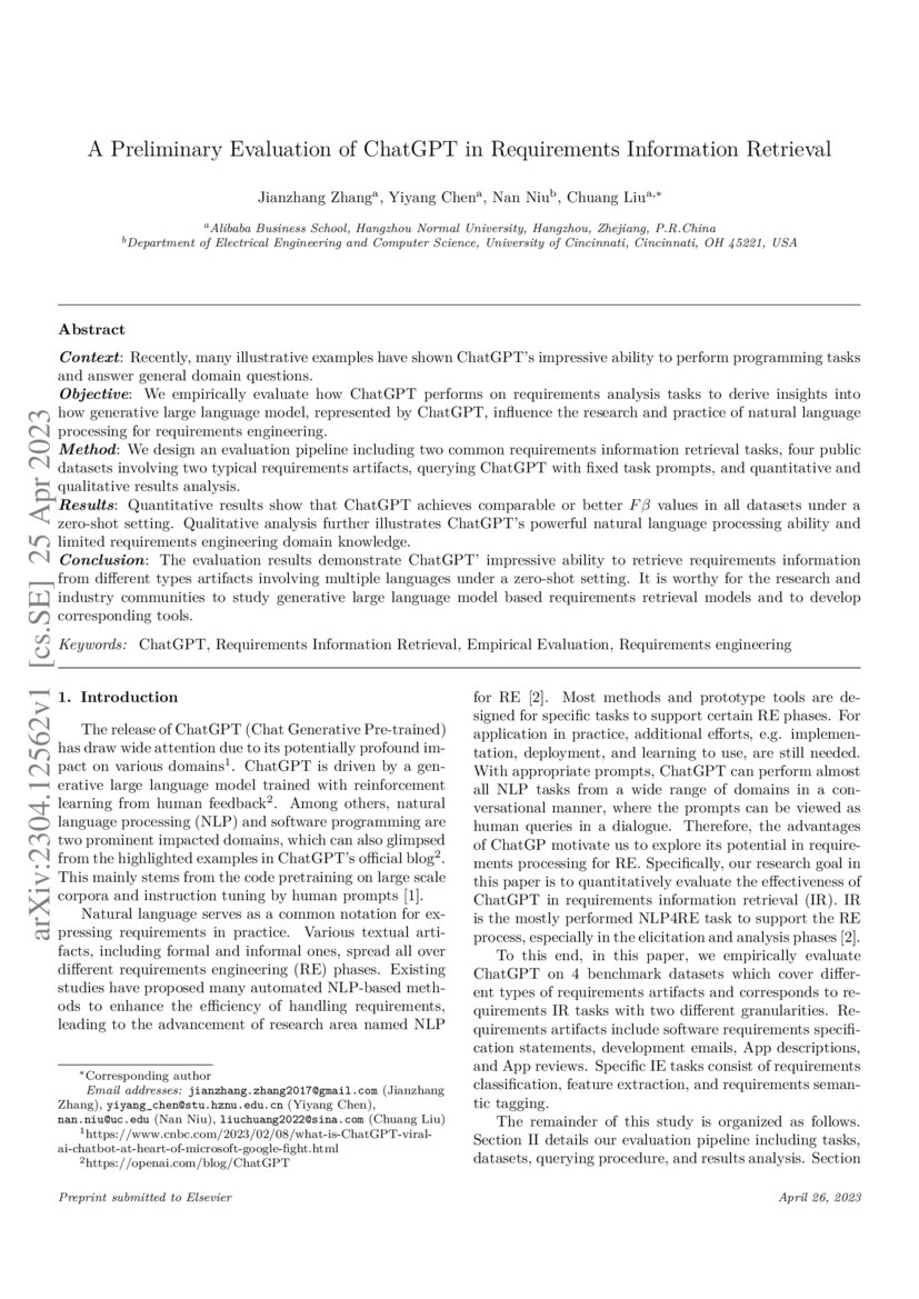 A Preliminary Evaluation of ChatGPT in Requirements Information Retrieval | DeepAI