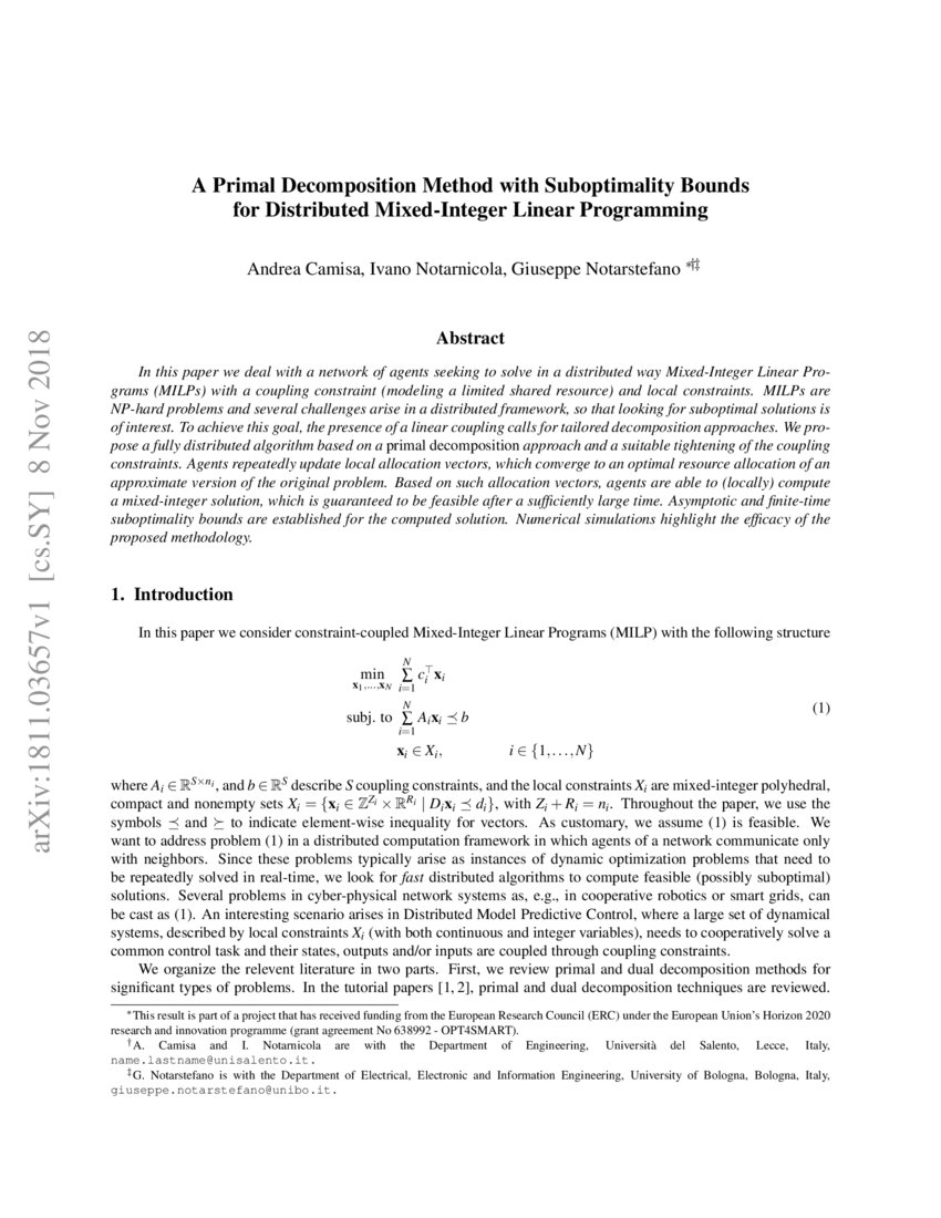 A Primal Decomposition Method With Suboptimality Bounds For Distributed Mixed Integer Linear