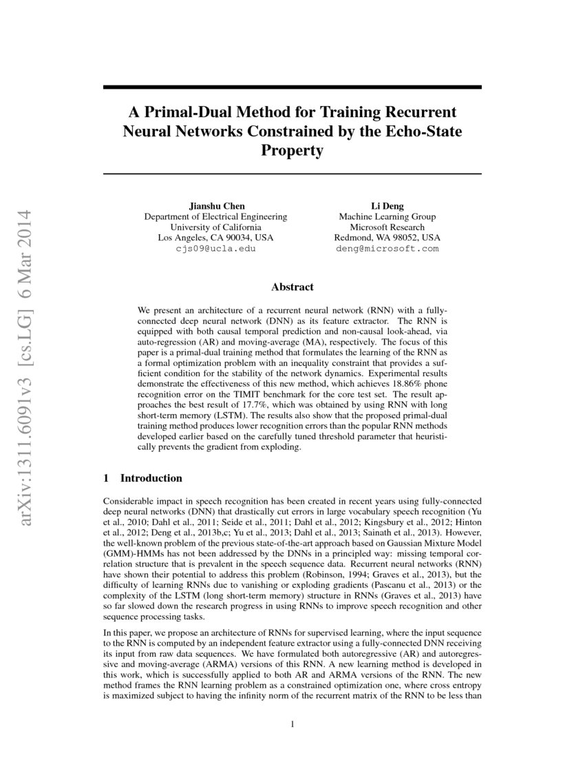 A Primal Dual Method For Training Recurrent Neural Networks Constrained By The Echo State