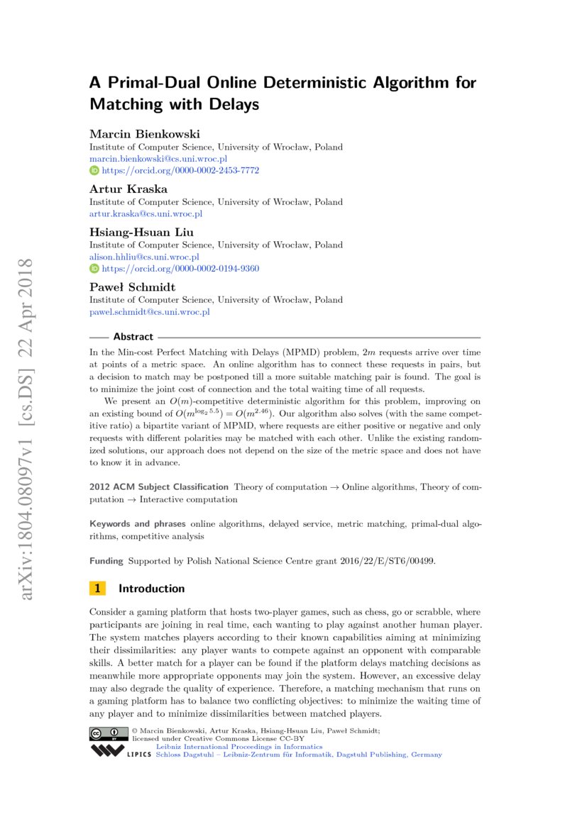 A Primal-Dual Online Deterministic Algorithm for Matching with Delays ...
