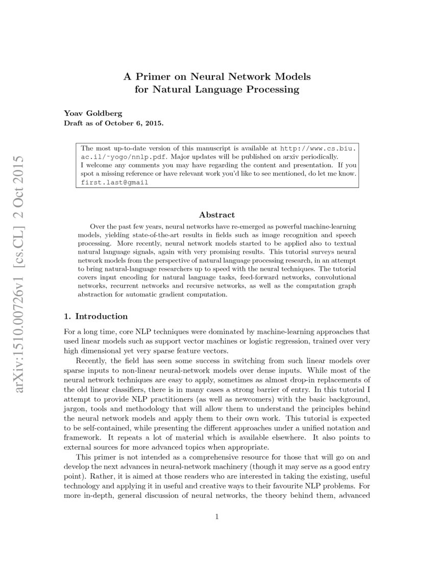 A Primer on Neural Network Models for Natural Language Processing | DeepAI