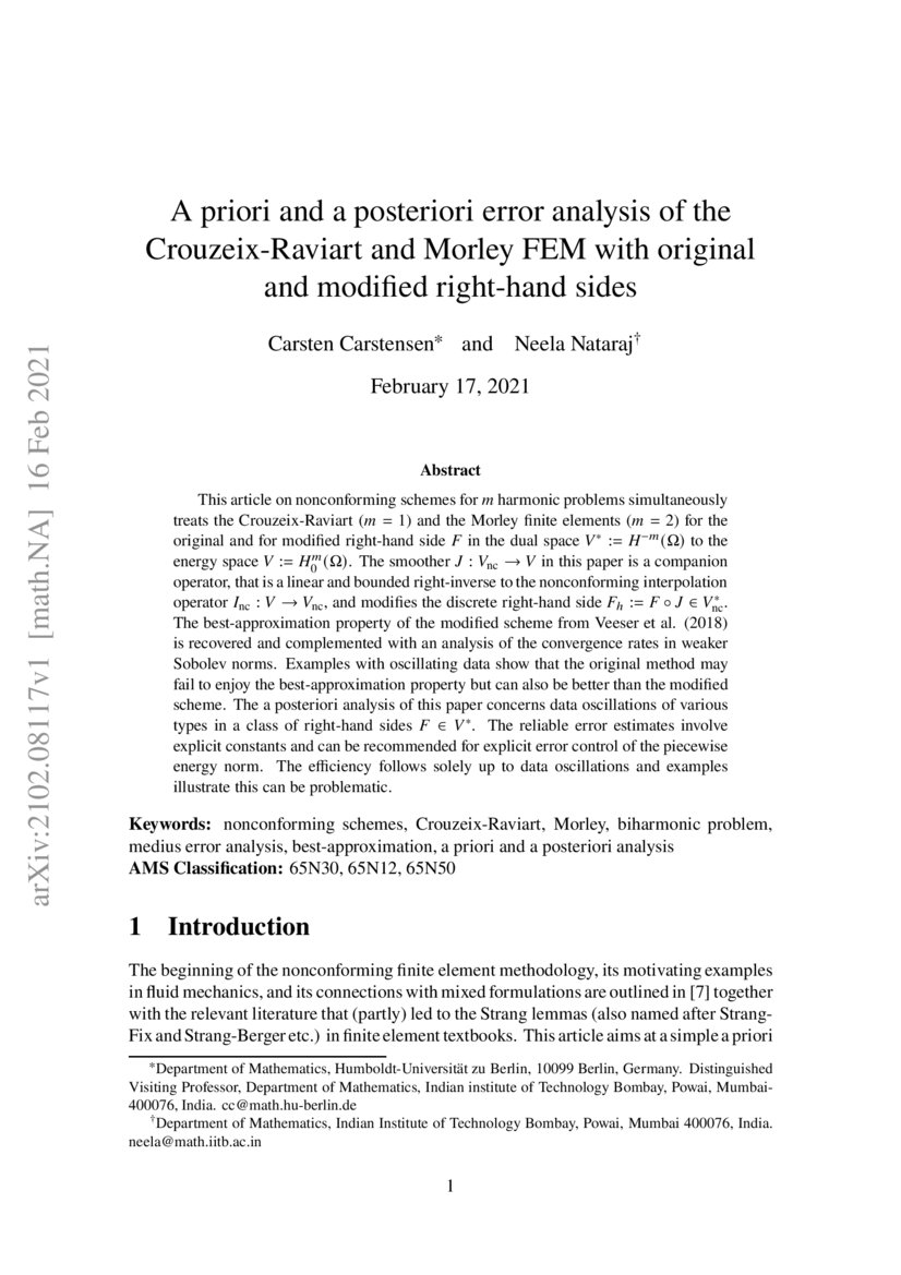 A Priori And A Posteriori Error Analysis Of The Crouzeix Raviart And Morley Fem With Original
