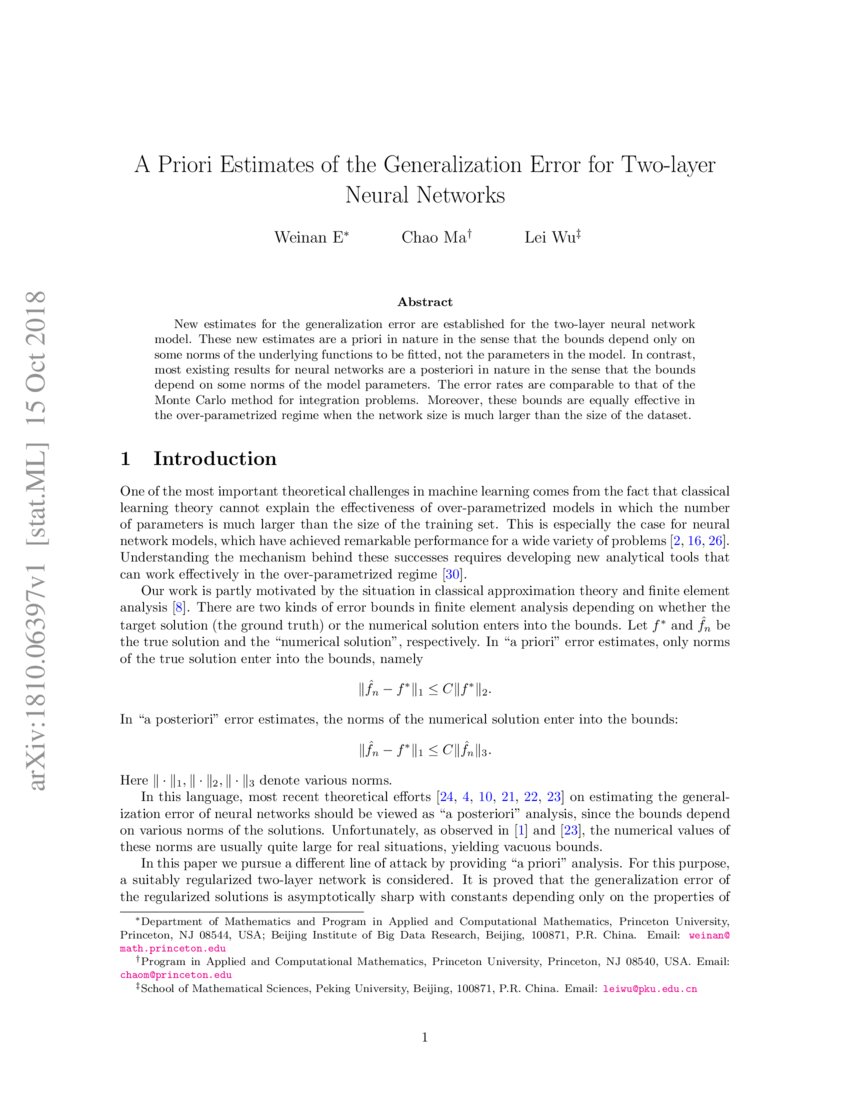 A Priori Estimates Of The Generalization Error For Two Layer Neural