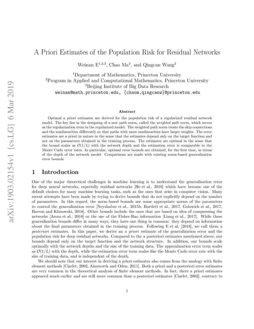 A Priori Estimates of the Population Risk for Residual Networks | DeepAI