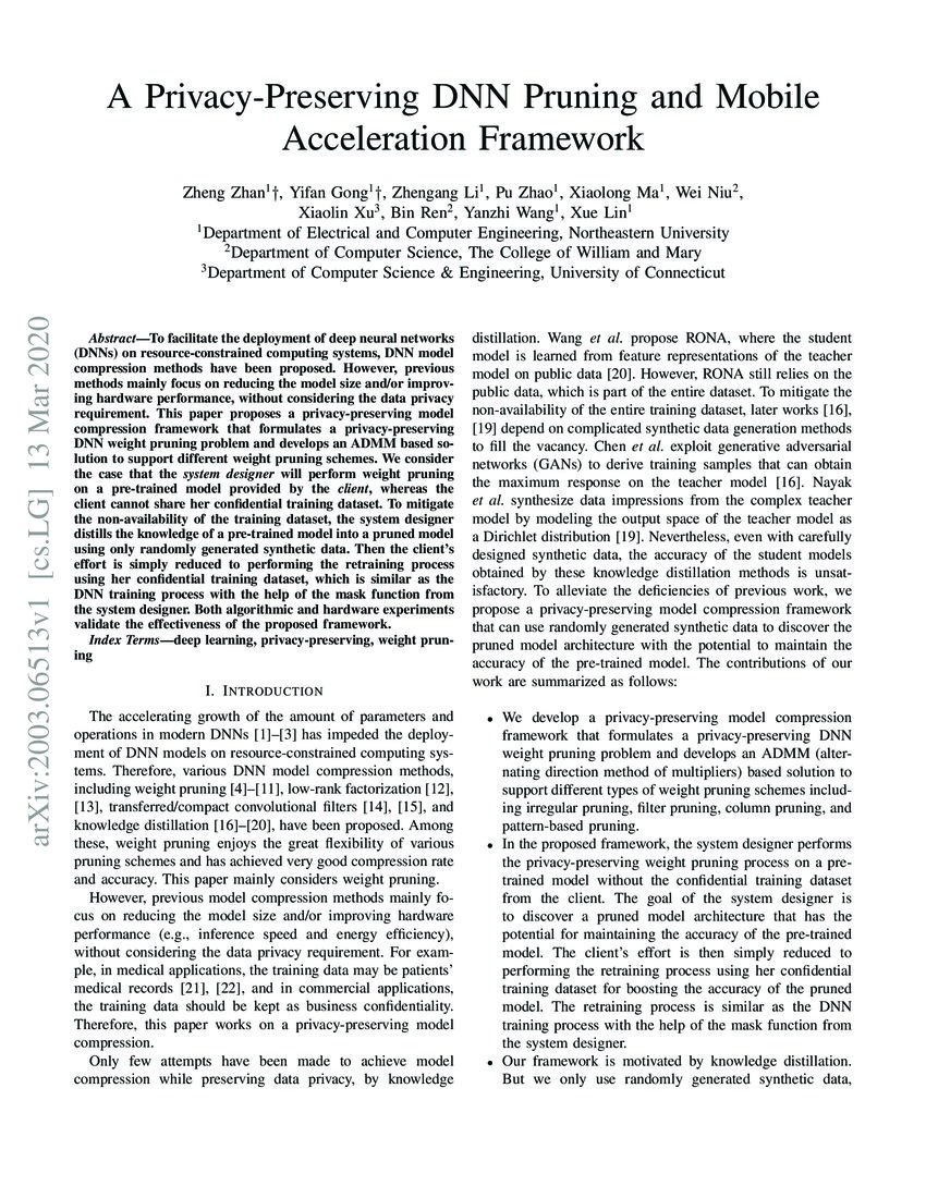 A Privacy-Preserving DNN Pruning and Mobile Acceleration Framework | DeepAI