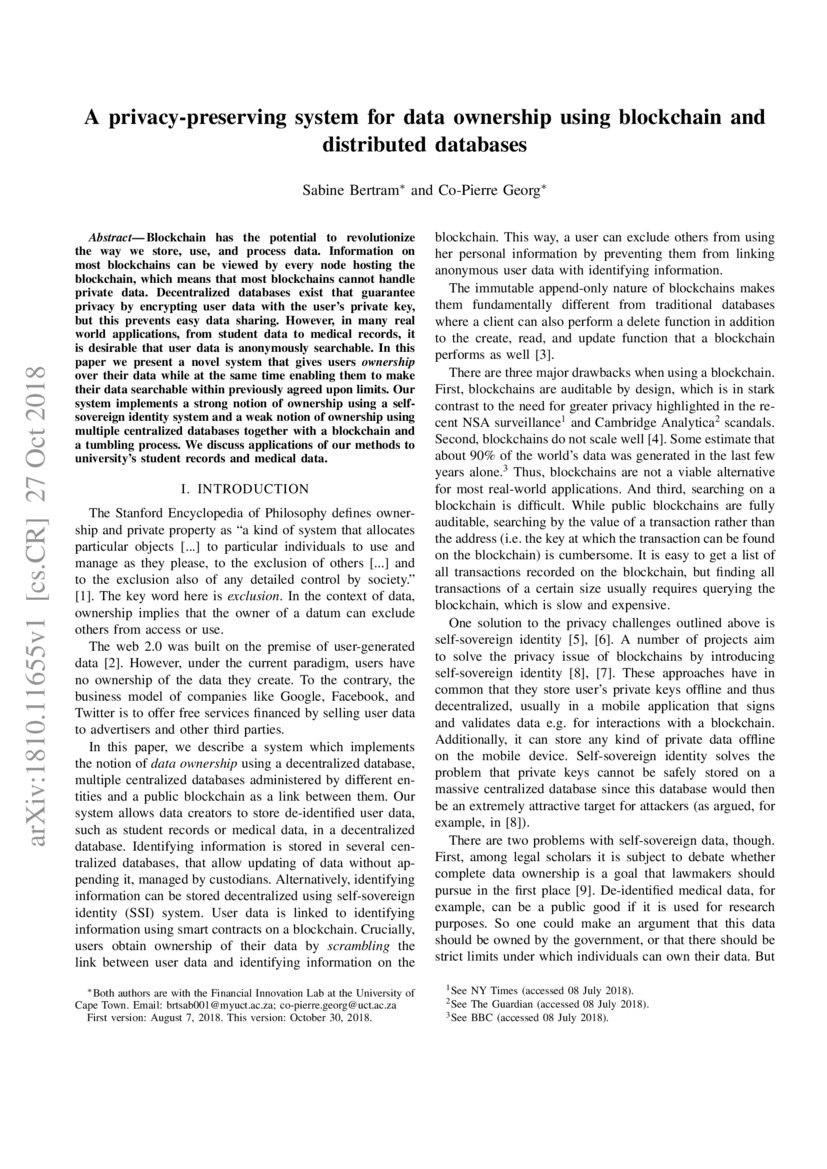 A Privacy Preserving System For Data Ownership Using Blockchain And