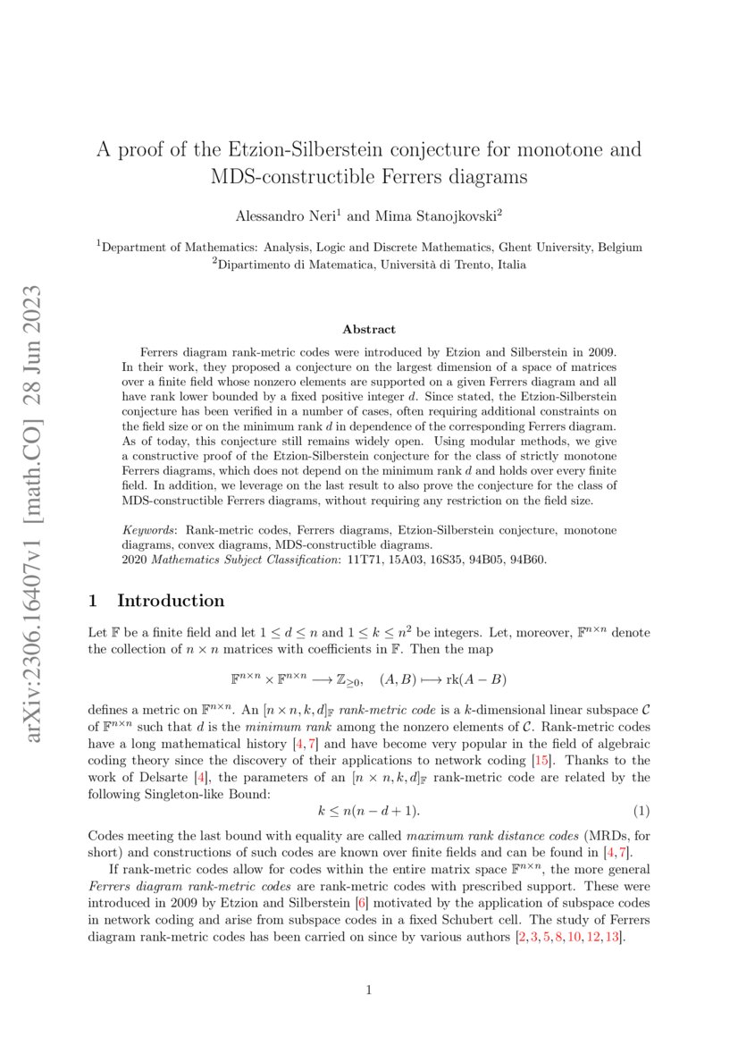 A proof of the Etzion-Silberstein conjecture for monotone and MDS-constructible Ferrers diagrams ...