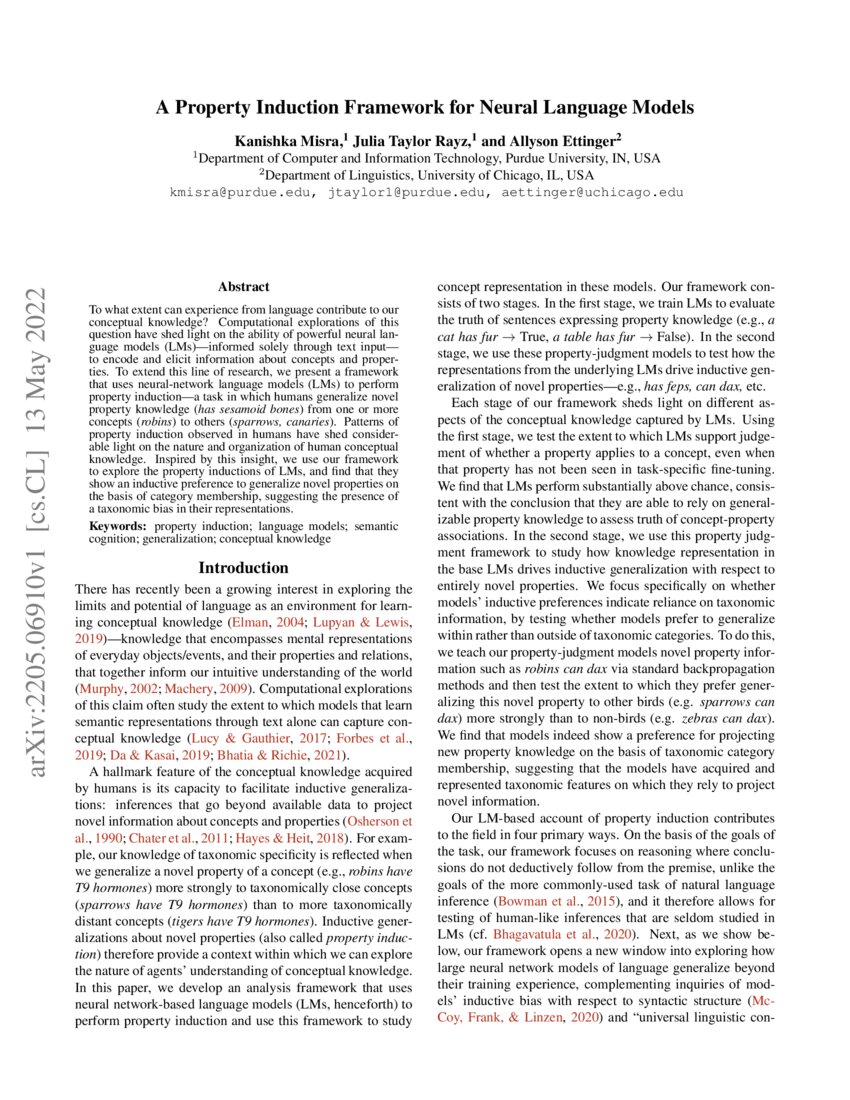 A Property Induction Framework for Neural Language Models | DeepAI