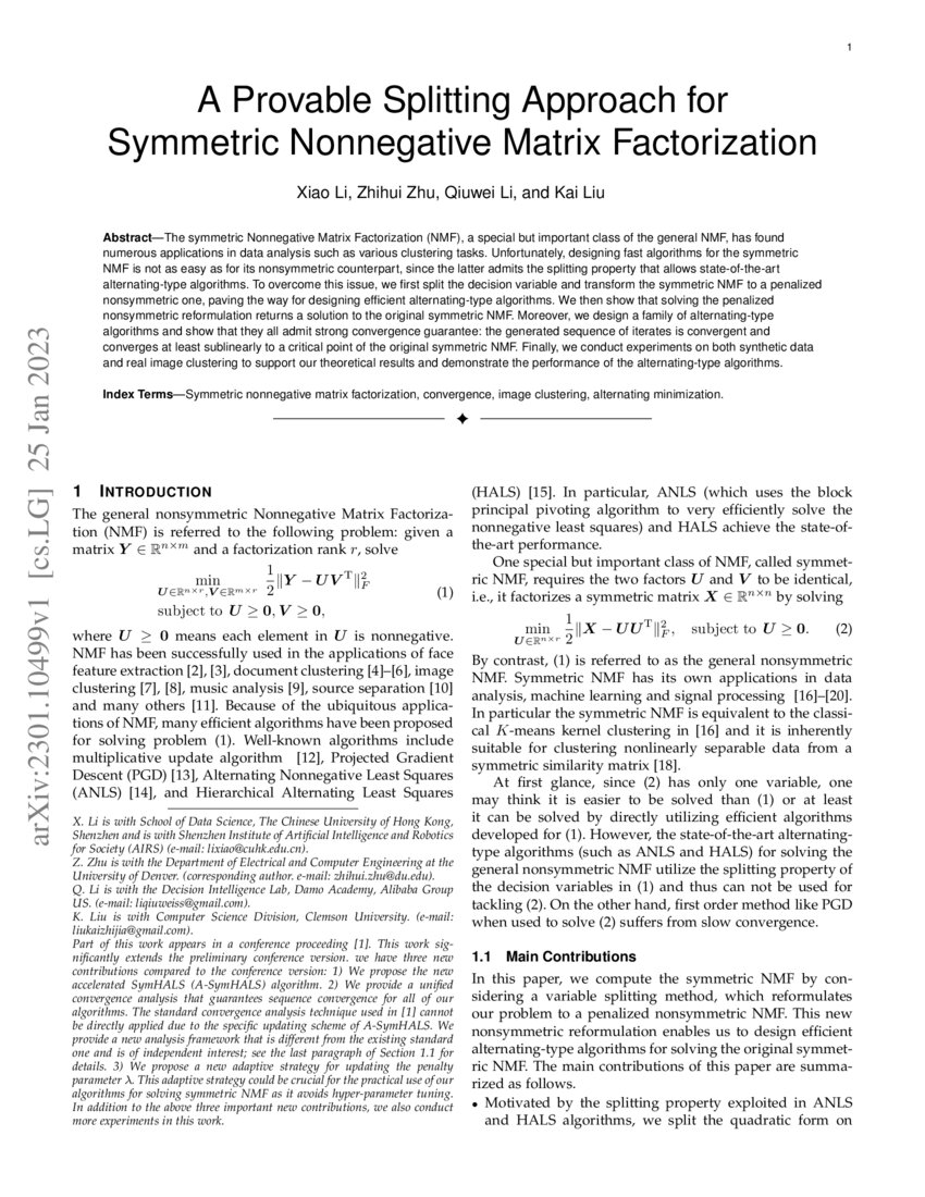 A Provable Splitting Approach For Symmetric Nonnegative Matrix Factorization Deepai