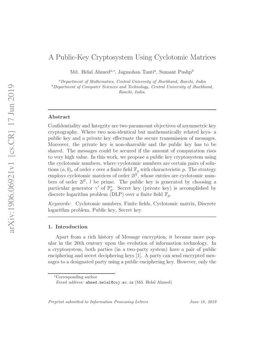 A Public-Key Cryptosystem Using Cyclotomic Matrices | DeepAI A Public-Key Cryptosystem Using Cyclotomic Matrices | DeepAI