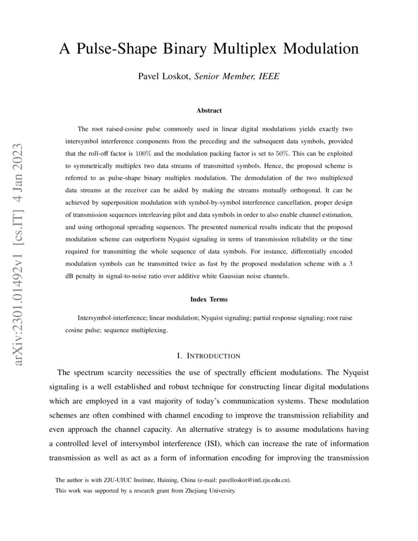 A Pulse-Shape Binary Multiplex Modulation | DeepAI