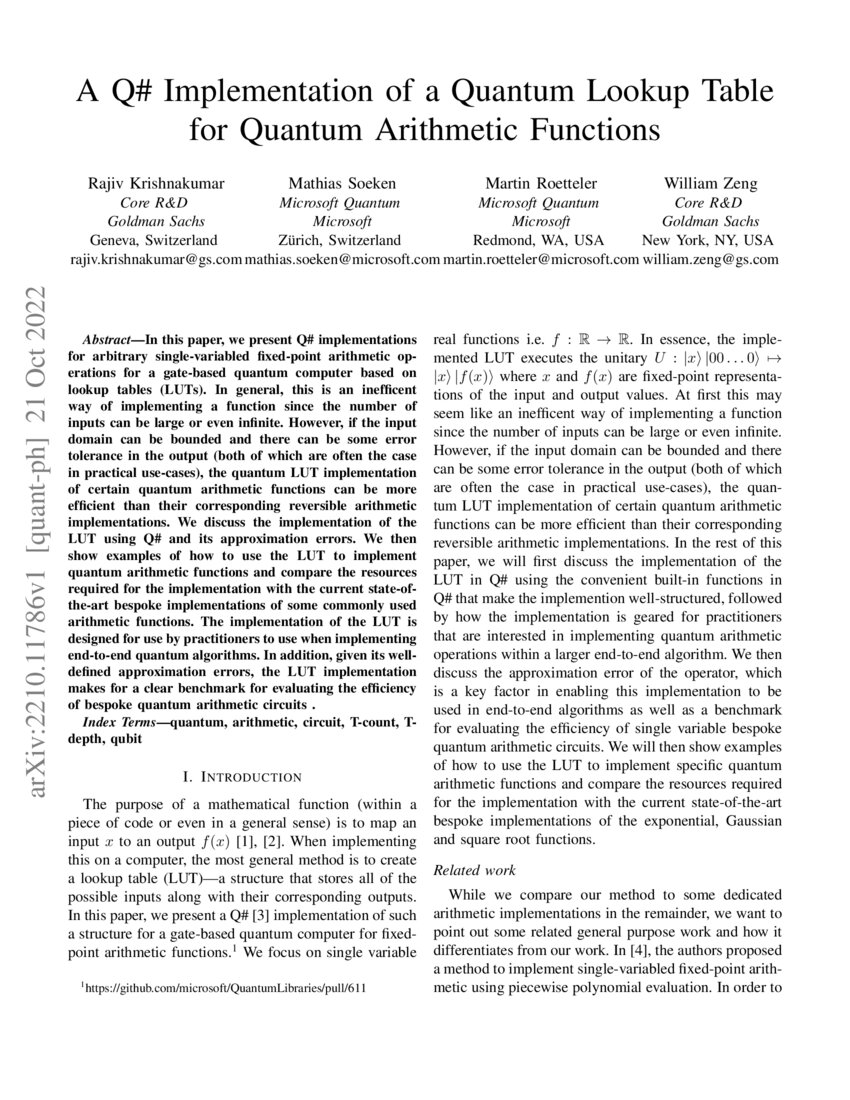 A Q Implementation Of A Quantum Lookup Table For Quantum Arithmetic Functions Deepai